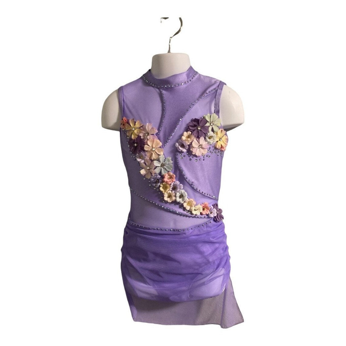 Custom dance costume, cutouts with mesh, ruched mesh skirt, 3 D flower ...